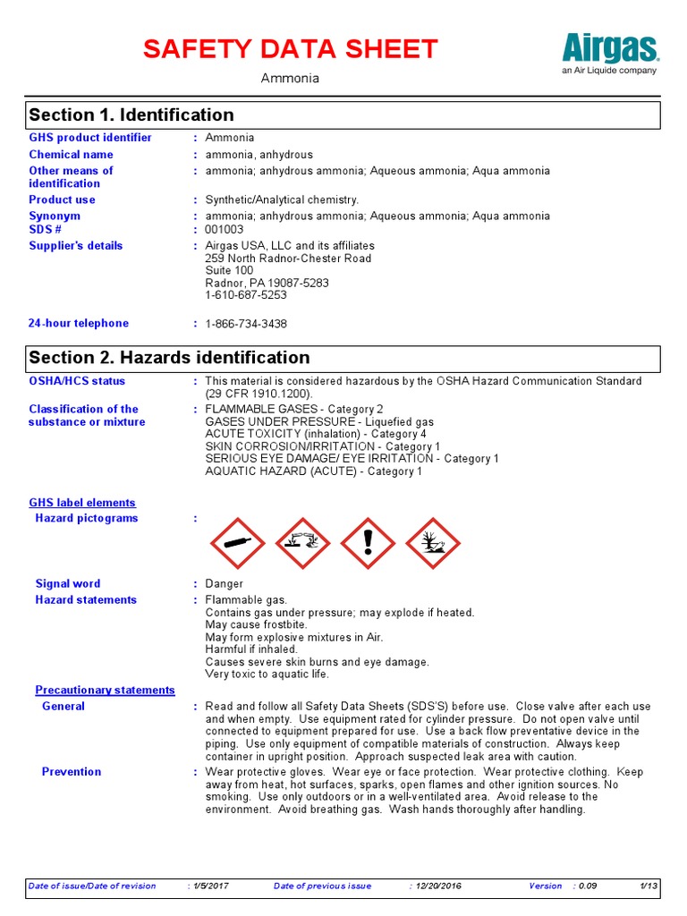 Primer MSDS Safety Data For Ammonia PDF Ammonia Oxygen, 60% OFF