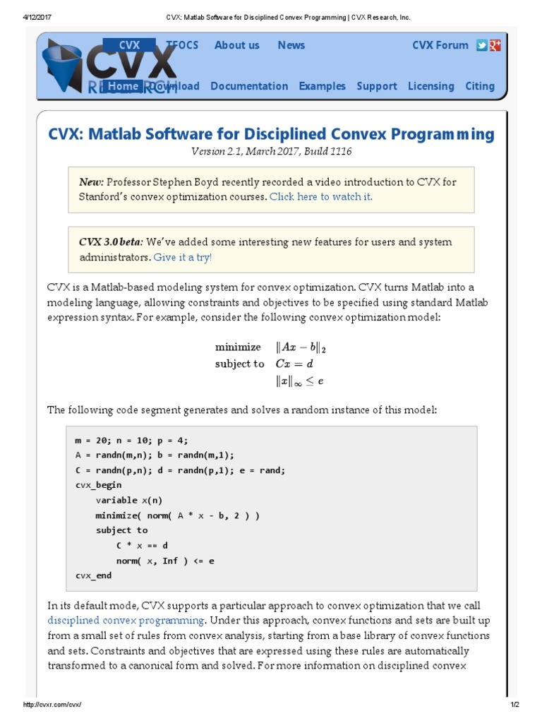 CVX - Matlab Software For Disciplined Convex Programming - CVX Research, Inc | PDF | Matlab ...