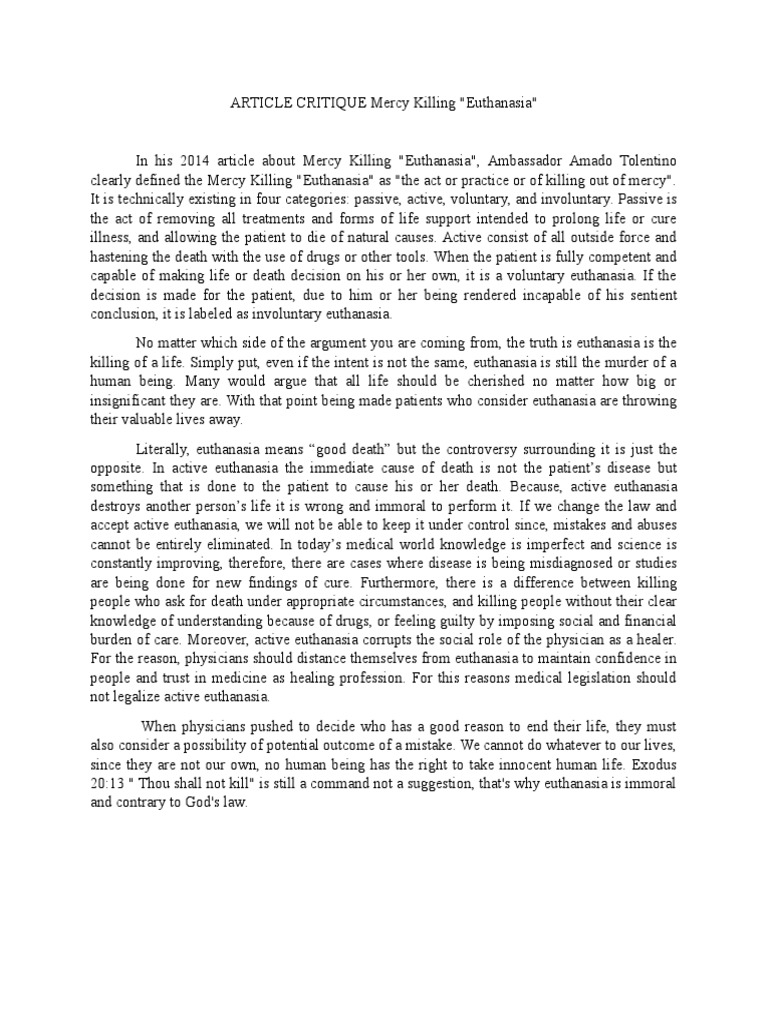Article Critique Mercy Killing | PDF