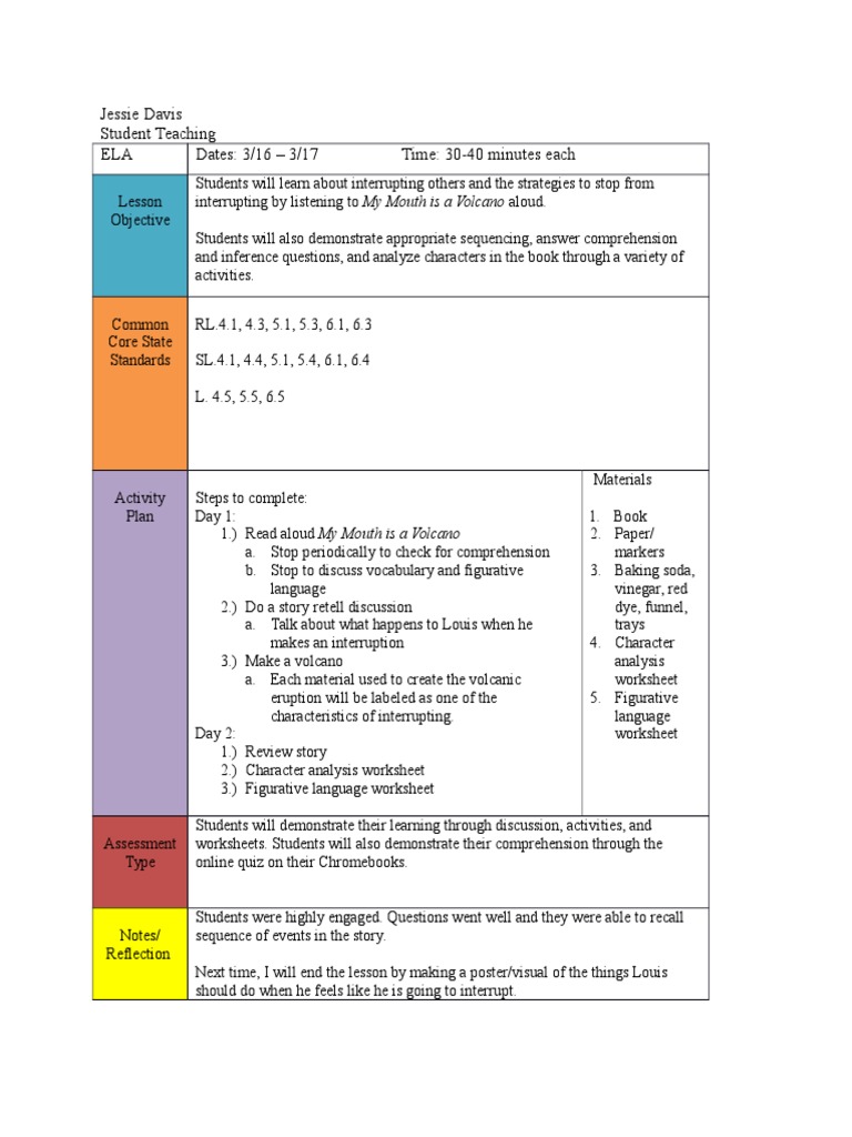 My Mouth Is A Volcano Lesson Plan | PDF | Reading Comprehension ...