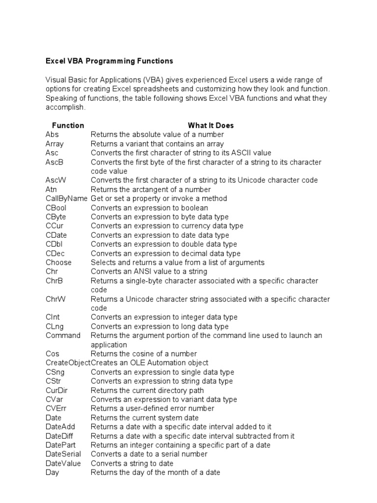Excel VBA Programming Functions 1 | PDF