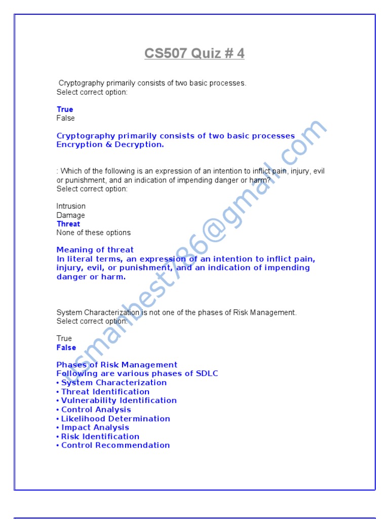 CS507 Quiz # 4 Solved by Usman | PDF | Computer Security | Security