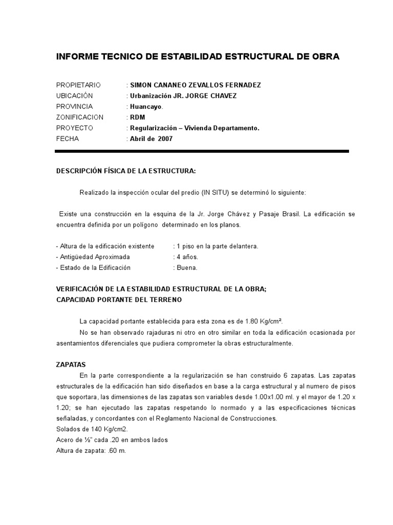 Informe Tecnico de Estabilidad Estructural de Obra | PDF | Fundación ...