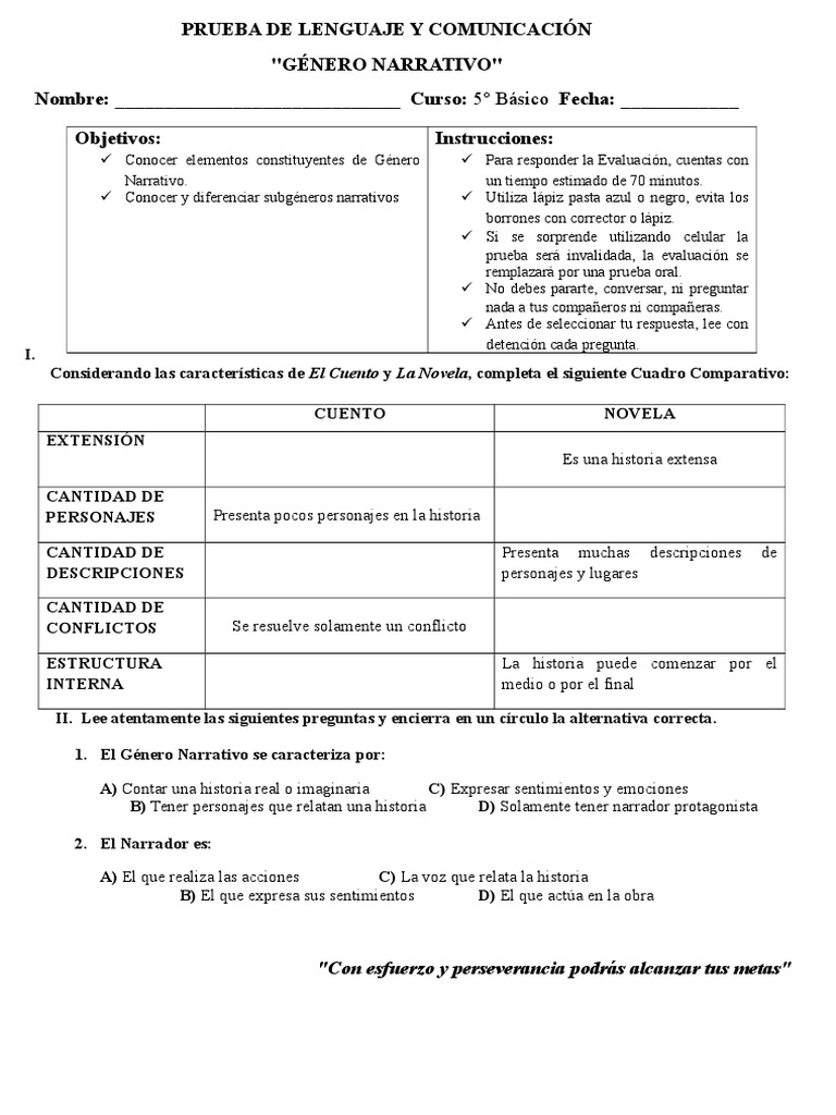 Prueba Género Narrativo 5° Básico | PDF | Narración