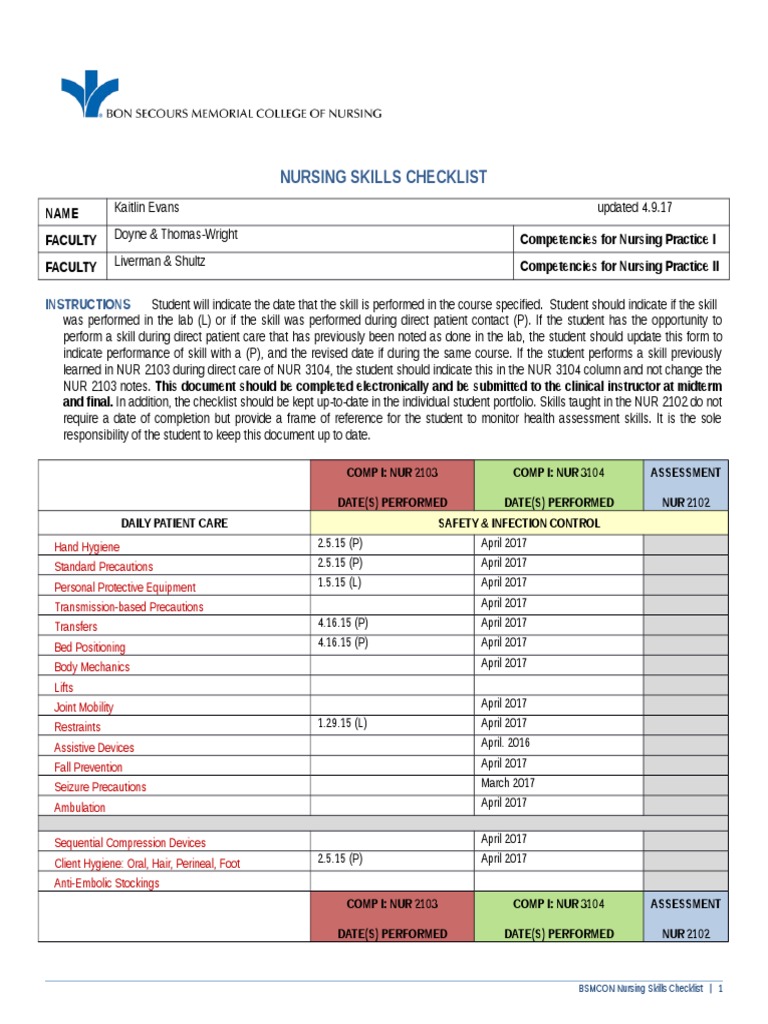 Nursing Skills Checklist | PDF | Intravenous Therapy | Medical Specialties
