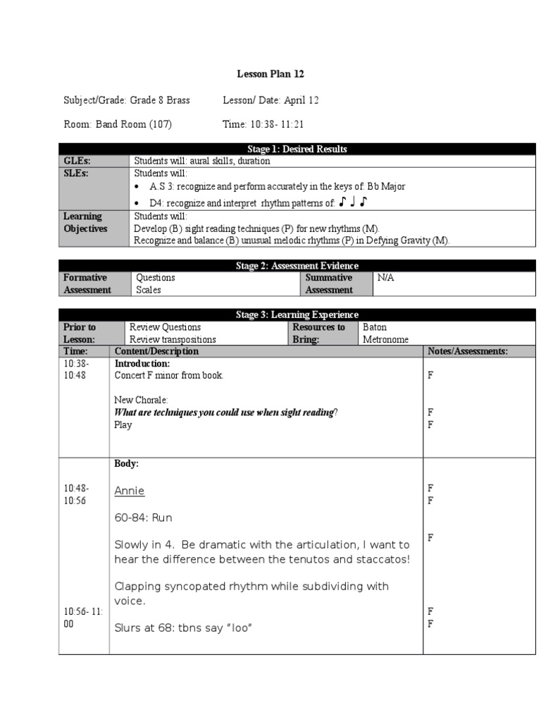 Lesson Plan 12 Brass | PDF | Educational Assessment | Rhythm