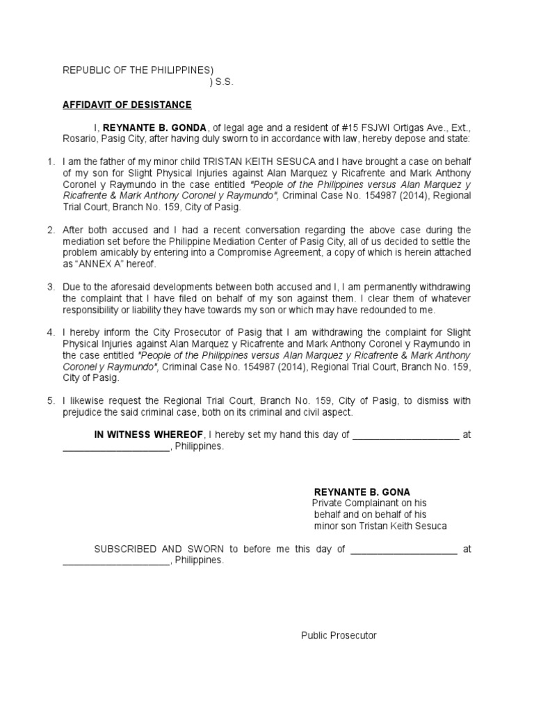 Affidavit of Desistance - Slight Physical Injuries | PDF