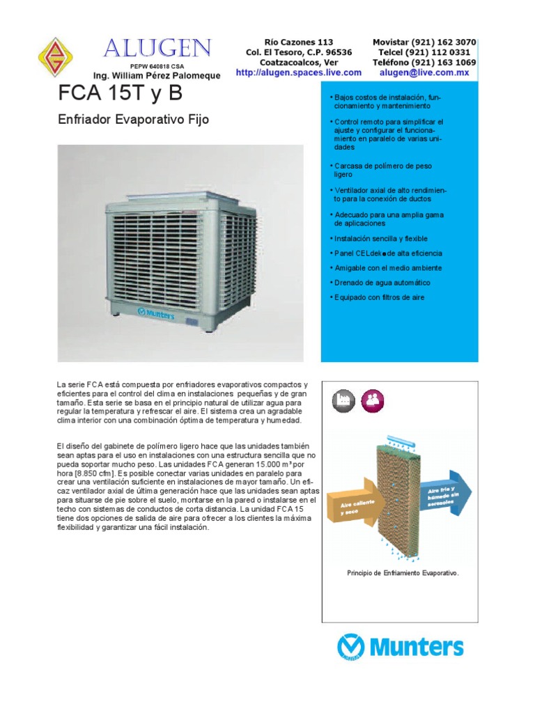 Alugen Ficha Técnica FCA-15T&B Enfriador Evaporativo Fijo | PDF ...