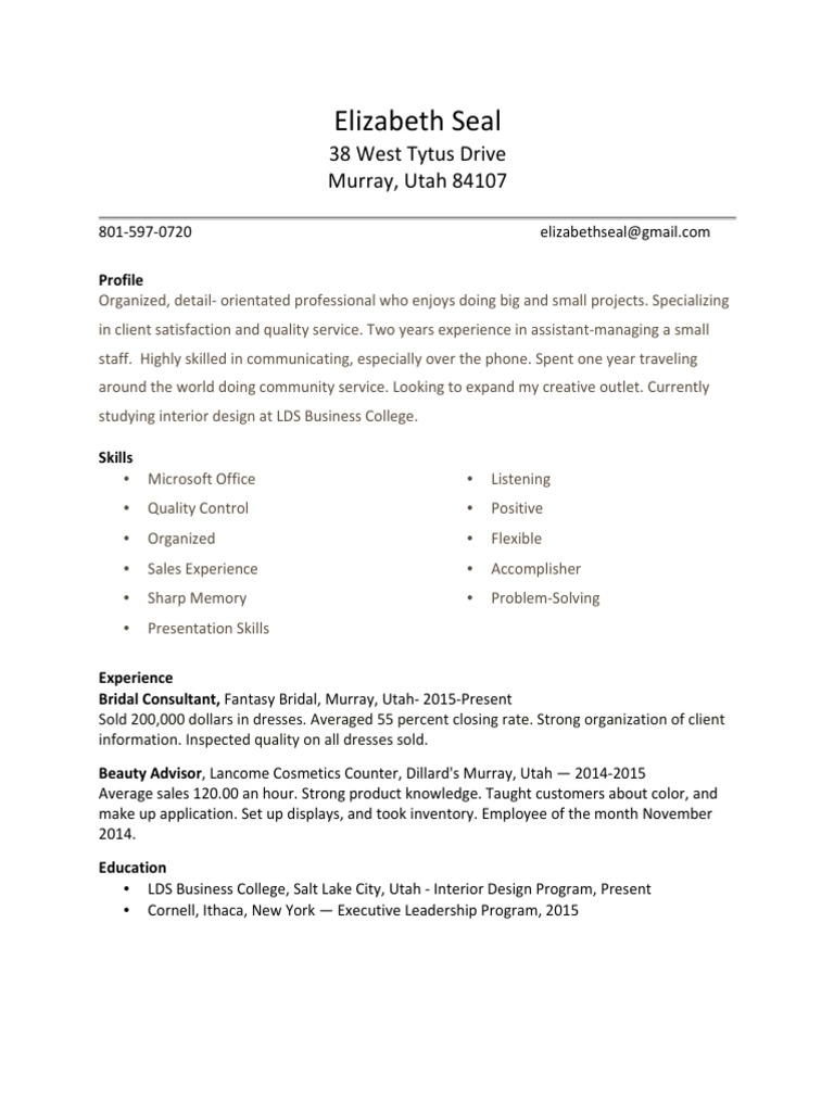 Elizabeth Seal Resume | PDF | Business | Business (General)