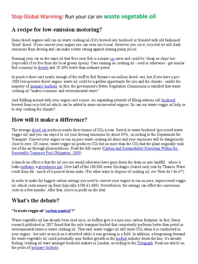 Stop Global Warming: Run Your Car On Waste Vegetable Oil | PDF ...