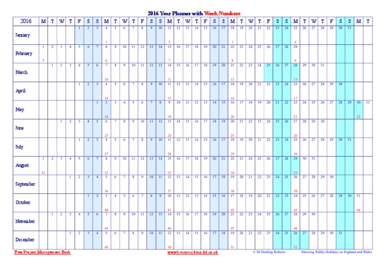 2016 Year Planner Week Numbers | PDF