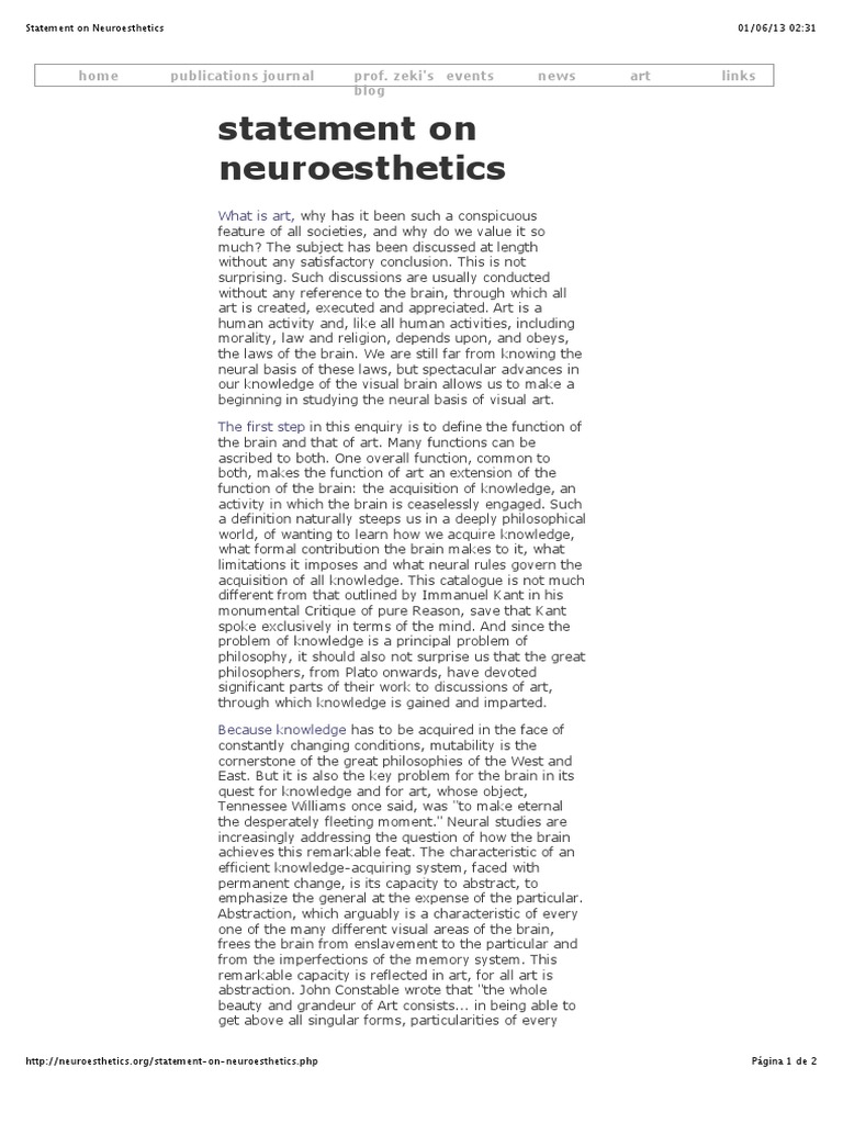 Statement On Neuroesthetics | PDF | Immanuel Kant | Knowledge