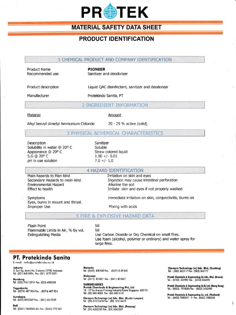 MSDS Pioneer | PDF | Personal Protective Equipment | Chemical Substances