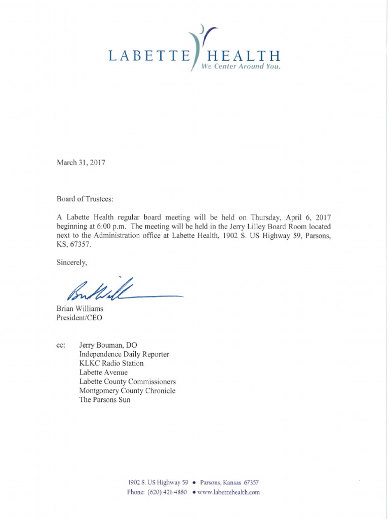 Labette Health Notification Letter & Board Packet 04.06.17 | PDF