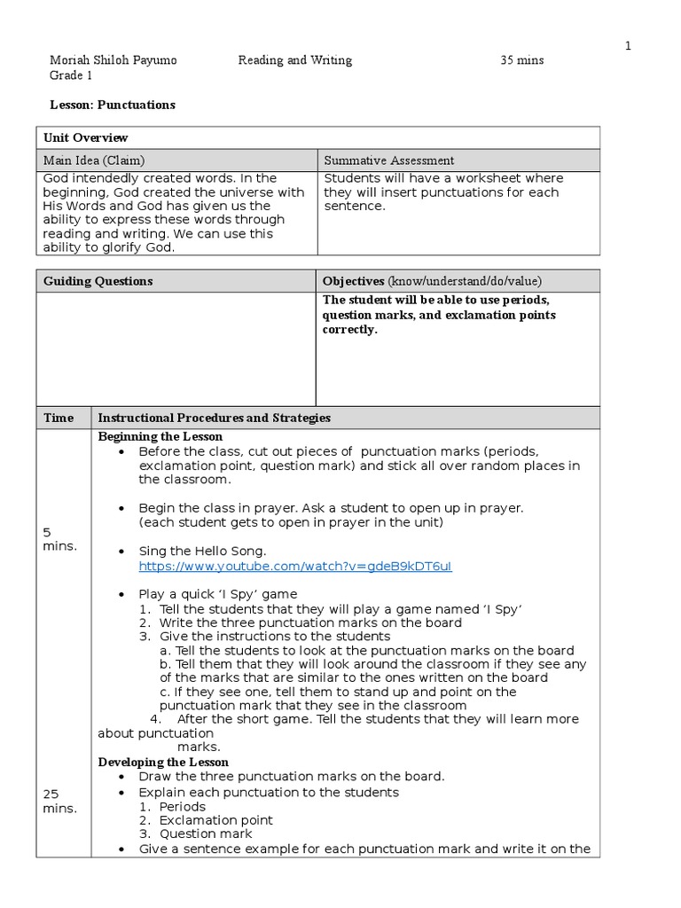 Lesson Plan 4 Punctuations | PDF | Educational Assessment | Cognition