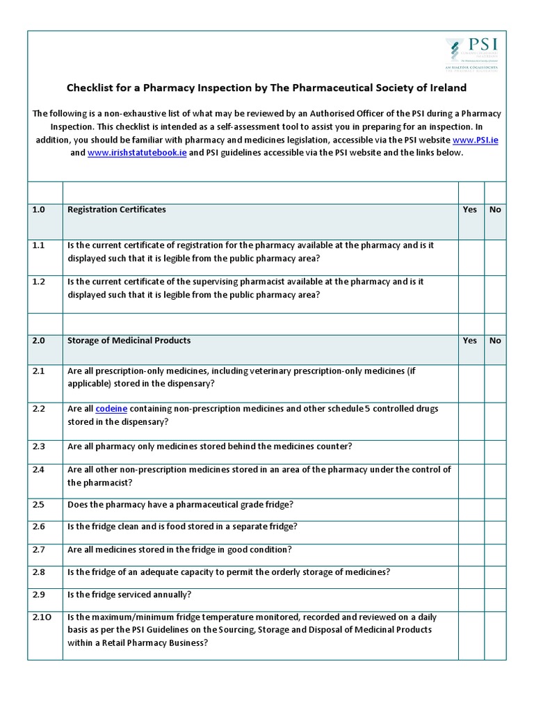 Regular PSI Inspection Checklist | Pharmacy | Medical Prescription