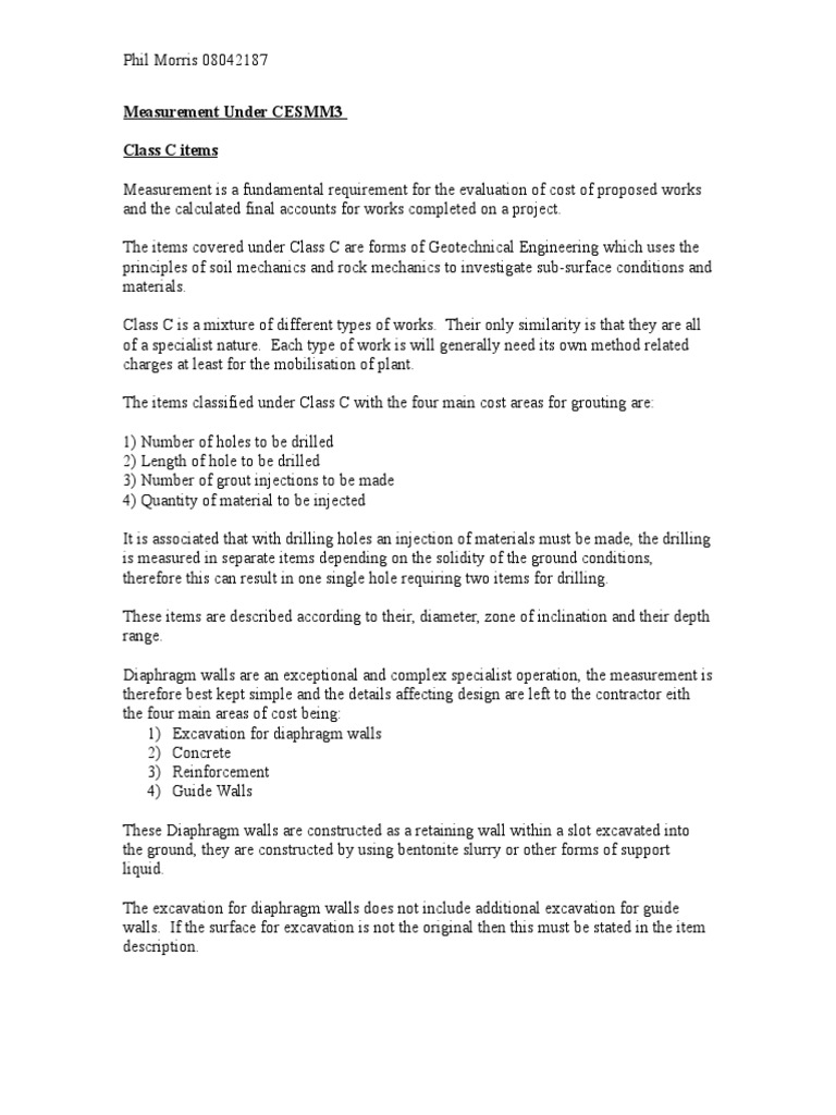 Measurement Under CESMM3 Class C | PDF | Soil | Civil Engineering