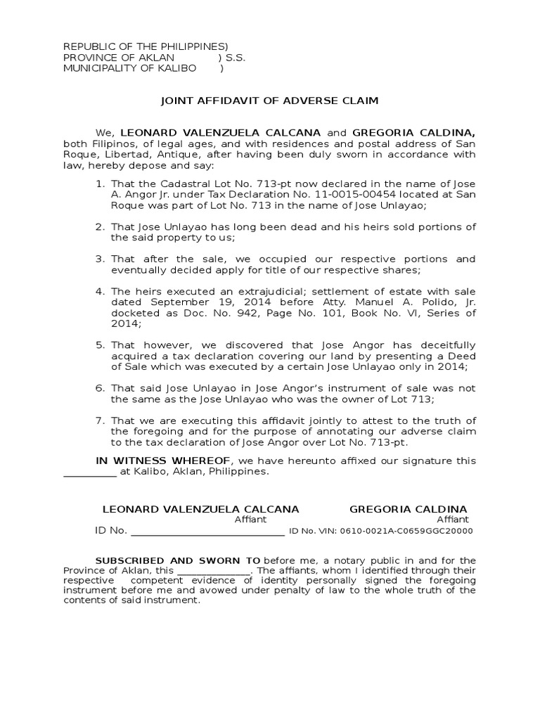 Adverse Claim | Download Free PDF | Affidavit | Civil Law (Common Law)