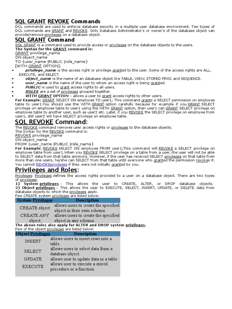 SQL Grant Revoke Commands SQL GRANT Command | PDF | Database ...