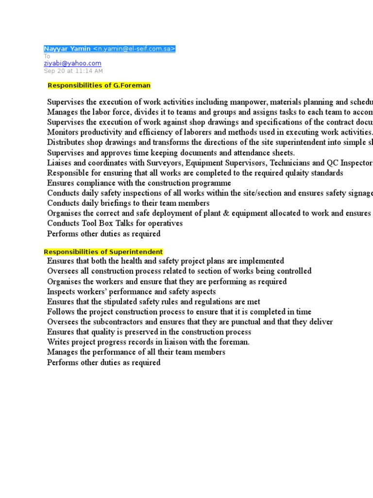 Construction Foreman & Superintendent Duties | PDF | Art | Technology ...