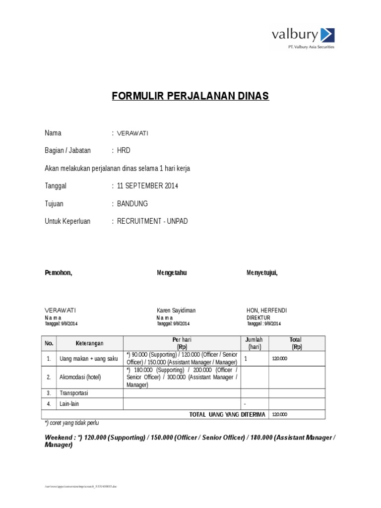 Form Perjalanan Dinas | PDF