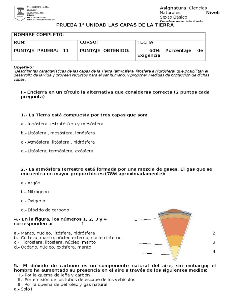 PRUEBA Ciencias Capas de La Tierra 6º Basico | Tierra | Atmósfera de ...