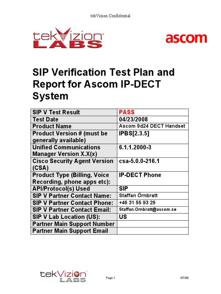 Ascom IP-DeCT Handset SIP Verification Final Test Report | PDF ...