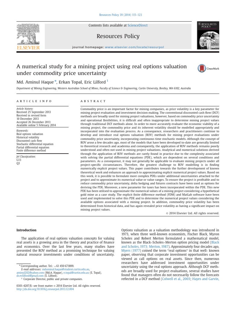 A Numerical Study For A Mining Project Using Real Options Valuation PDF | PDF | Option (Finance ...