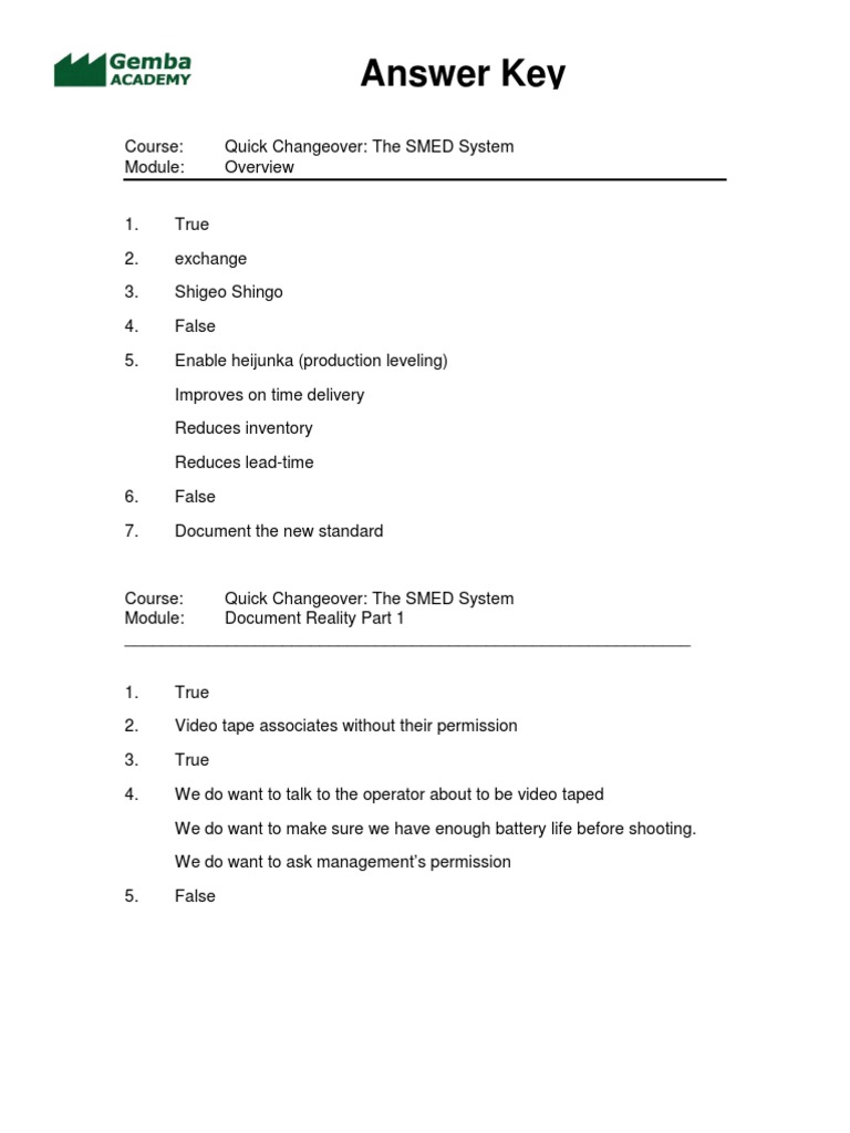 SMED Quiz Answers | PDF