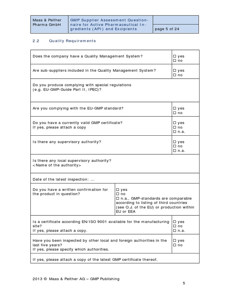 GMP Supplier Assessment Questionnaire | Quality Management System | Quality