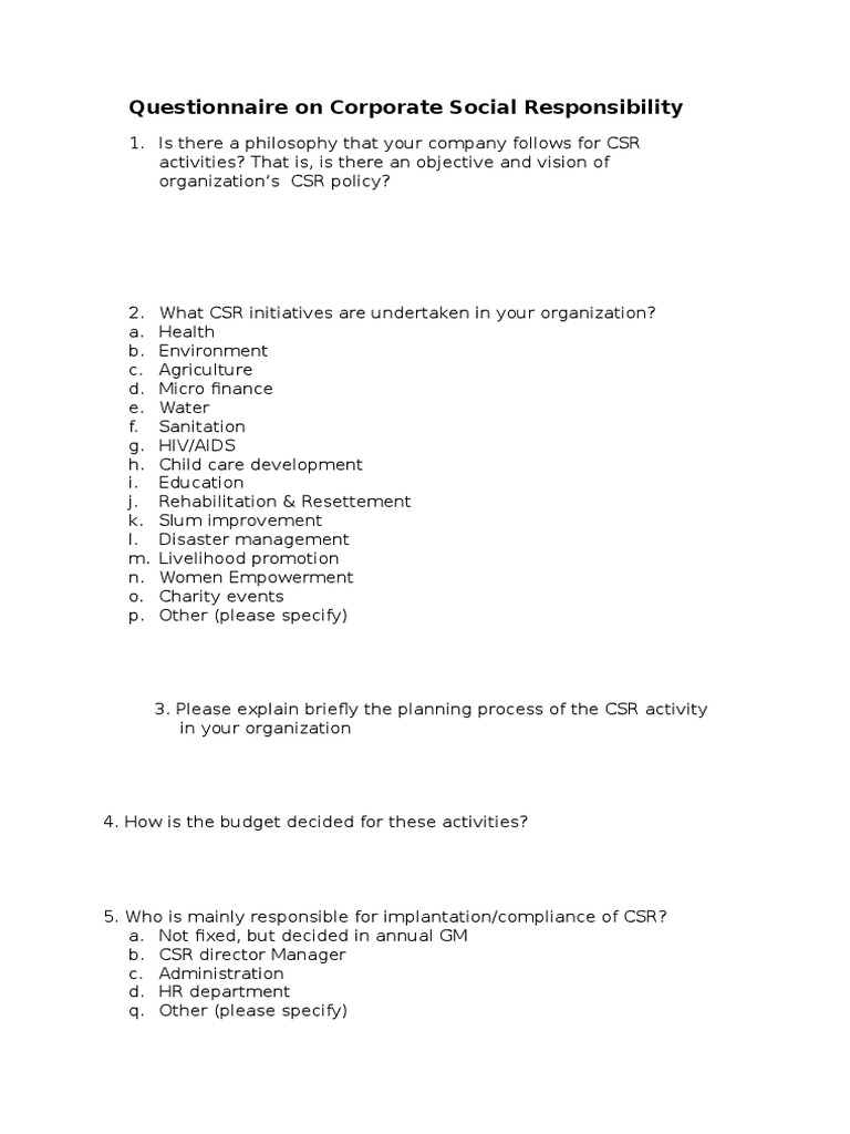 Questionnaire On Corporate Social Responsibility | PDF