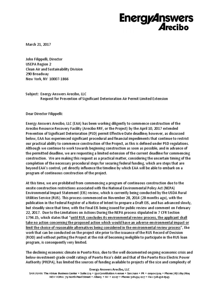 Energy Answers Arecibo PSD Permit Extension Request 3-21-17-Final | PDF ...