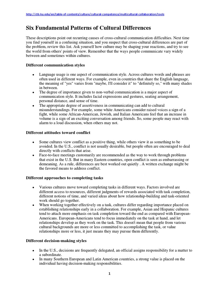 Six Fundamental Patterns of Cultural Differences | PDF | Communication ...