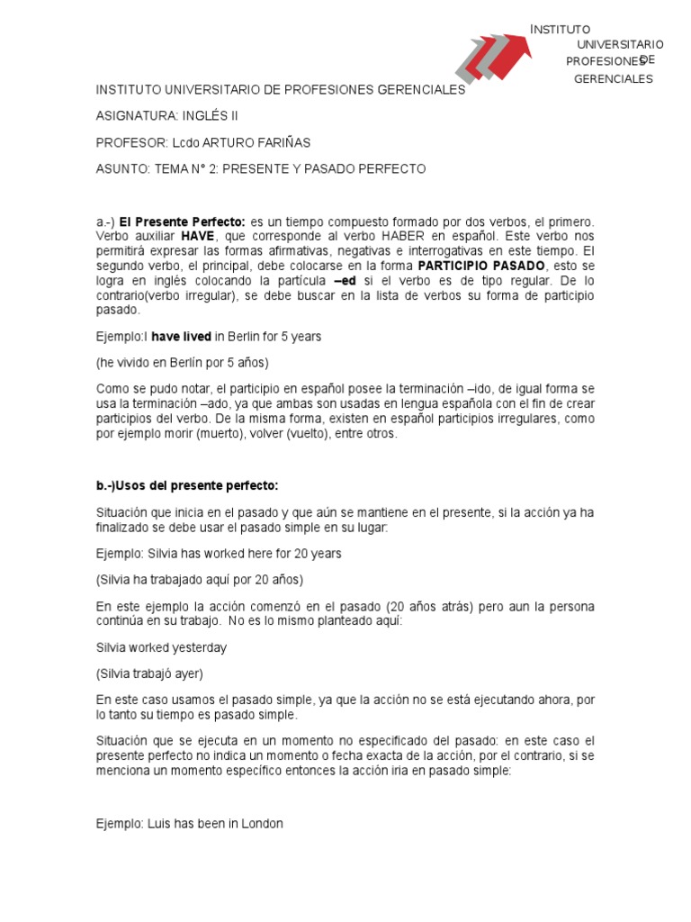 Guia de Present Perfect | PDF | Reglas | Verbo