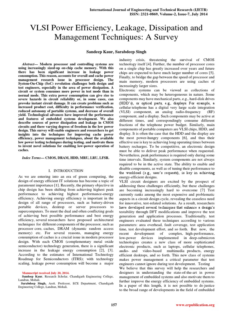 VLSI Power Efficiency, Leakage, Dissipation and Management Techniques: A Survey | PDF | Cmos ...