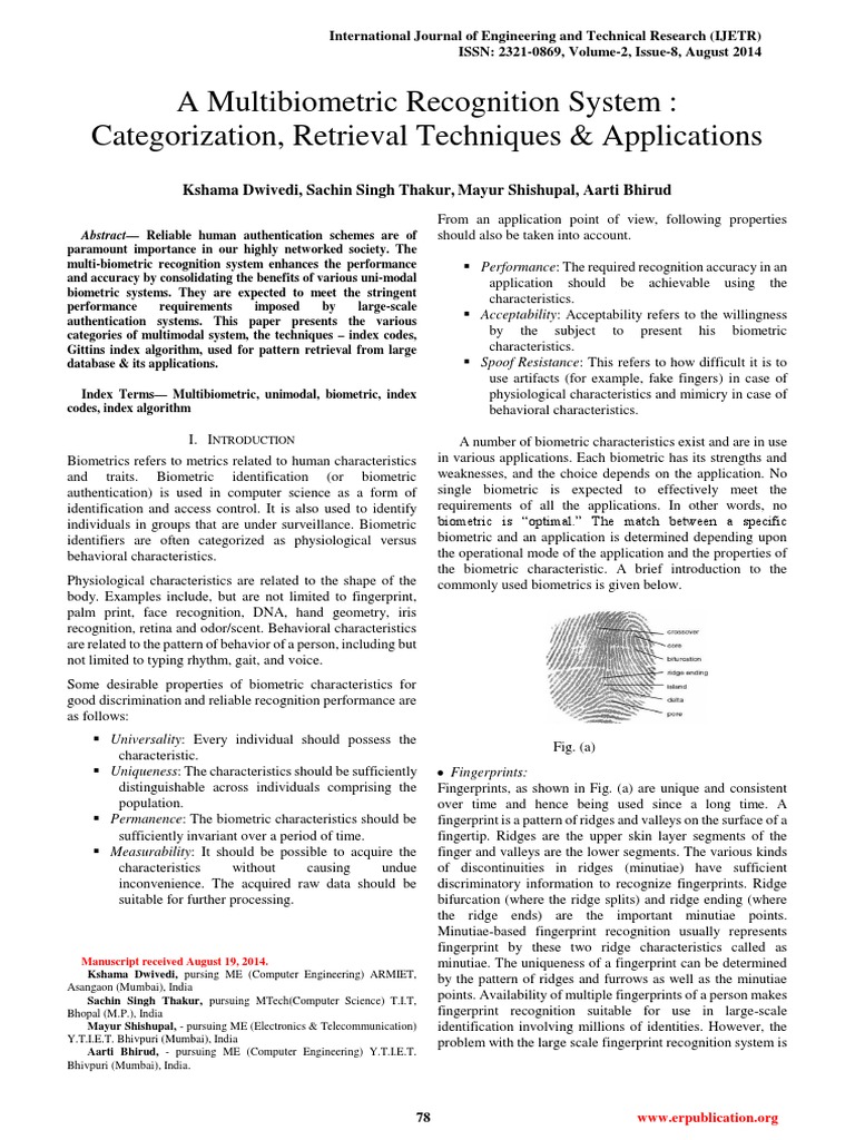 A Multibiometric Recognition System: Categorization, Retrieval Techniques & Applications | PDF ...