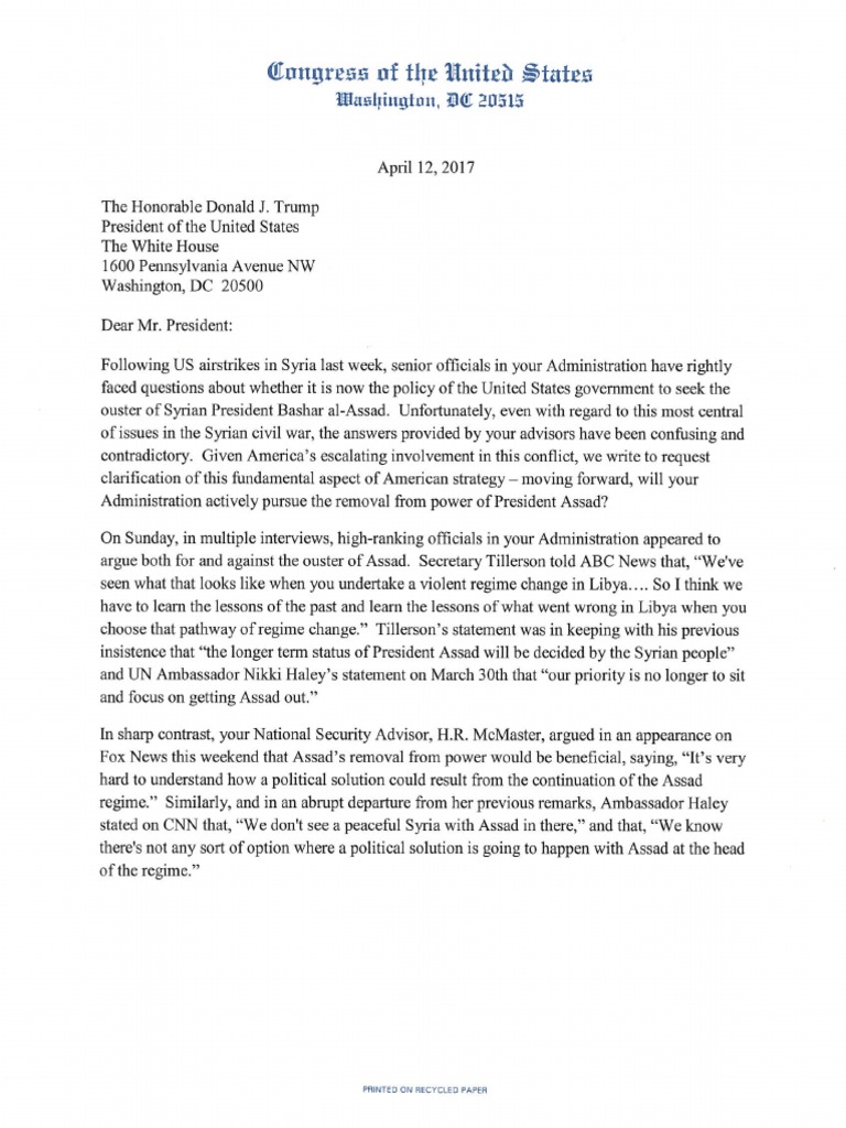 Letter To President Trump Requesting Clarification On Assad Regime ...