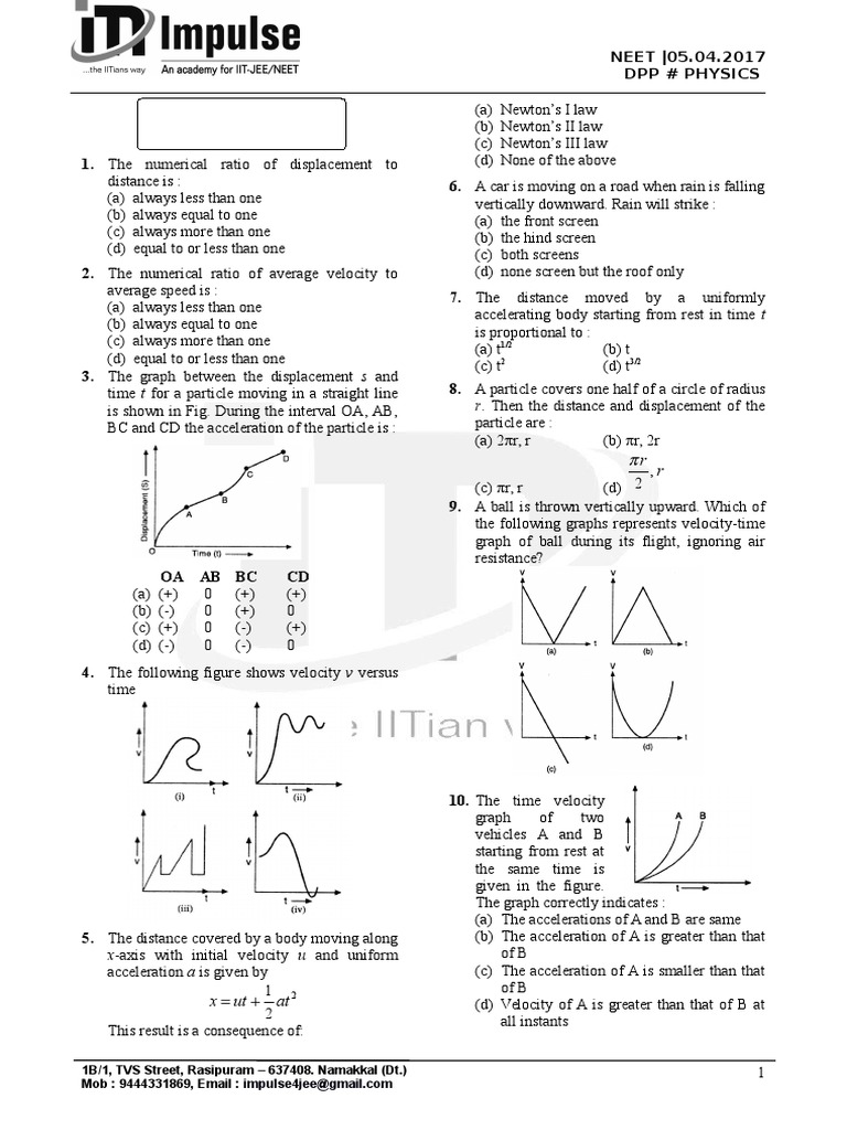 NEET DPP: Motion in Straight Line | PDF | Velocity | Acceleration