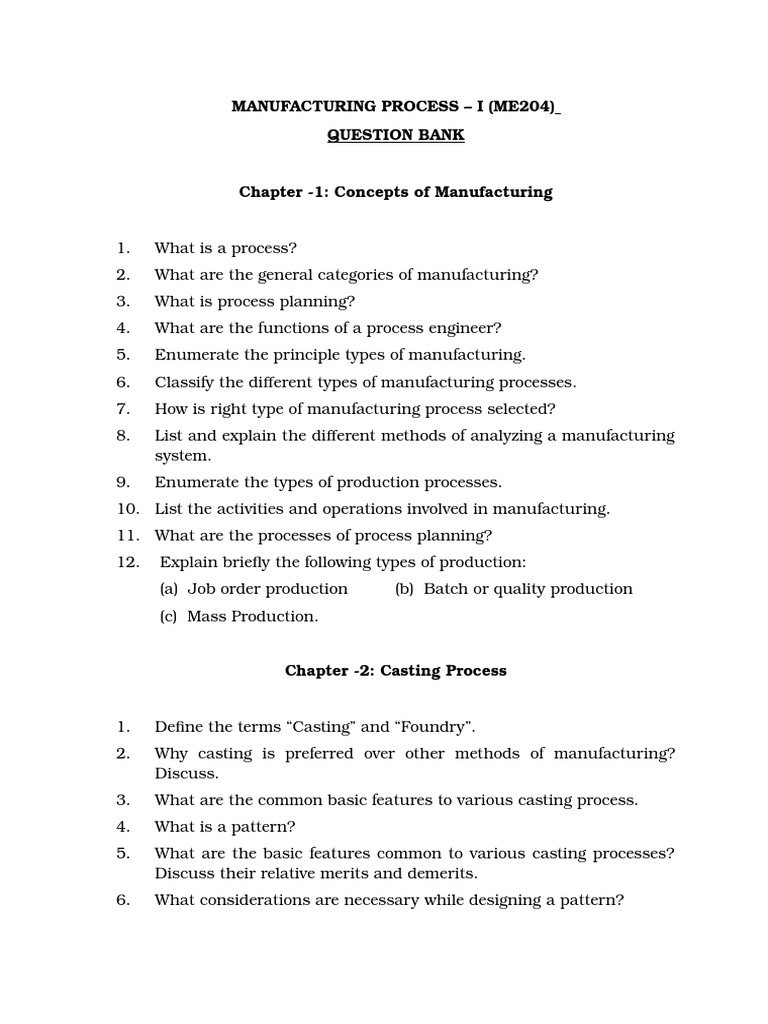 Manufacturing Process 1 Question Bank | PDF | Casting (Metalworking ...