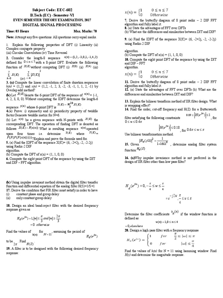 DSP 20 Questions | PDF | Discrete Fourier Transform | Fast Fourier ...