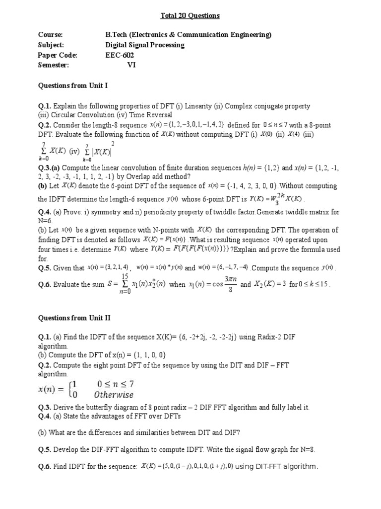 Question Bank DSP EEC-602 | PDF | Discrete Fourier Transform | Digital Signal Processing