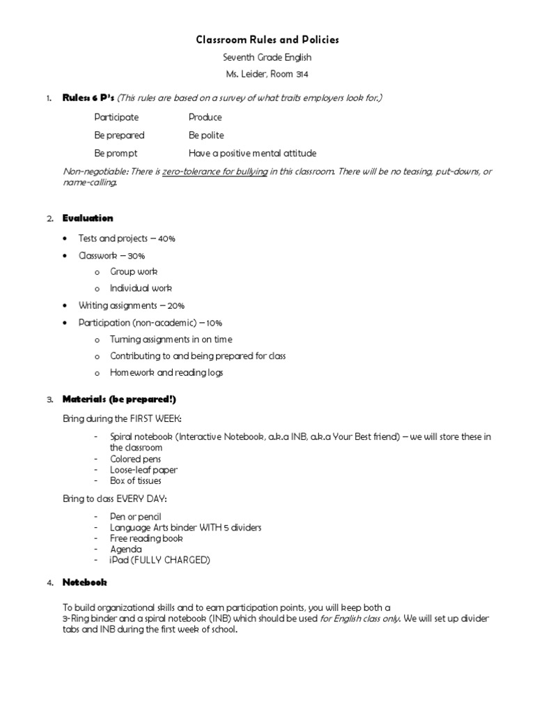 Seventh Grade English Classroom Policies | PDF | Education Theory ...