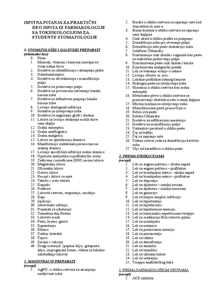 Ispitna Pitanja Stomatologija Receptura | PDF
