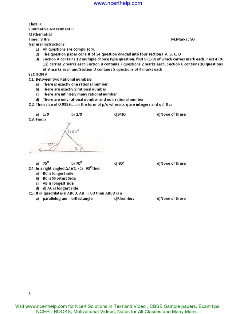 Class IX Summative Assessment II Mathematics | PDF | Rectangle | Circle