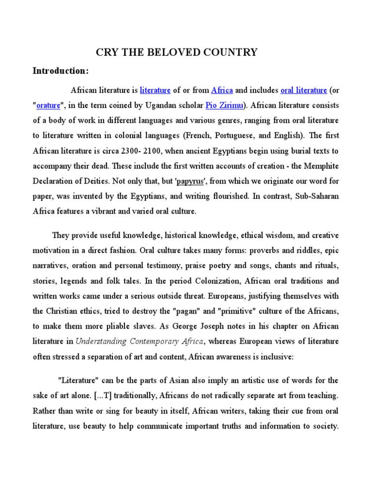Cry The Beloved Country (Intro To Lit and Author) | PDF | African ...