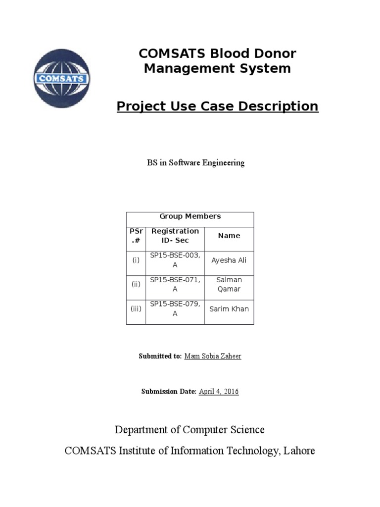 Project Use Case Description FINAL | PDF | Use Case | Blood Donation