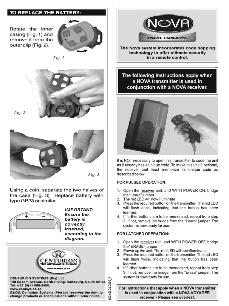 Nova Remote How Replace Battery | PDF