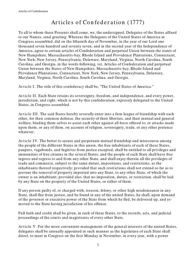Articles of Confederation Overview | PDF | United States Congress ...