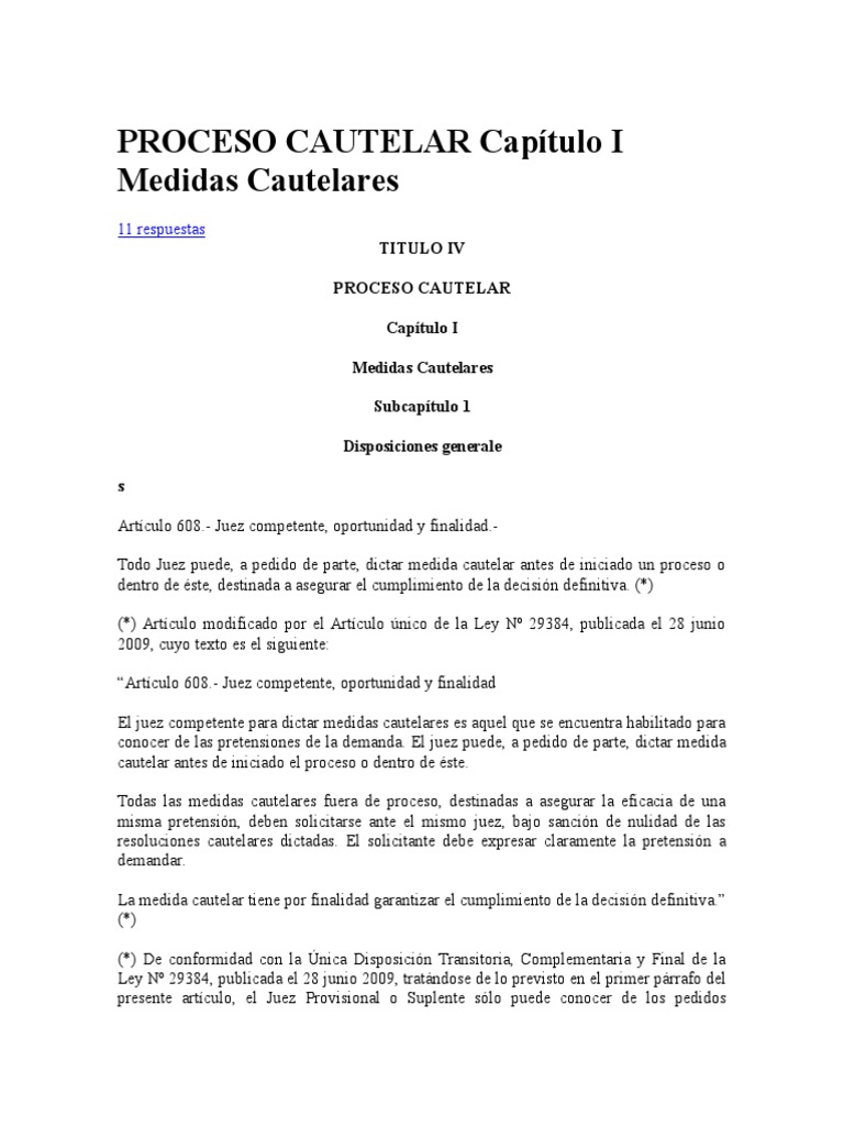 PROCESO CAUTELAR Capítulo I Medidas Cautelares | PDF | Mandato | Demanda judicial