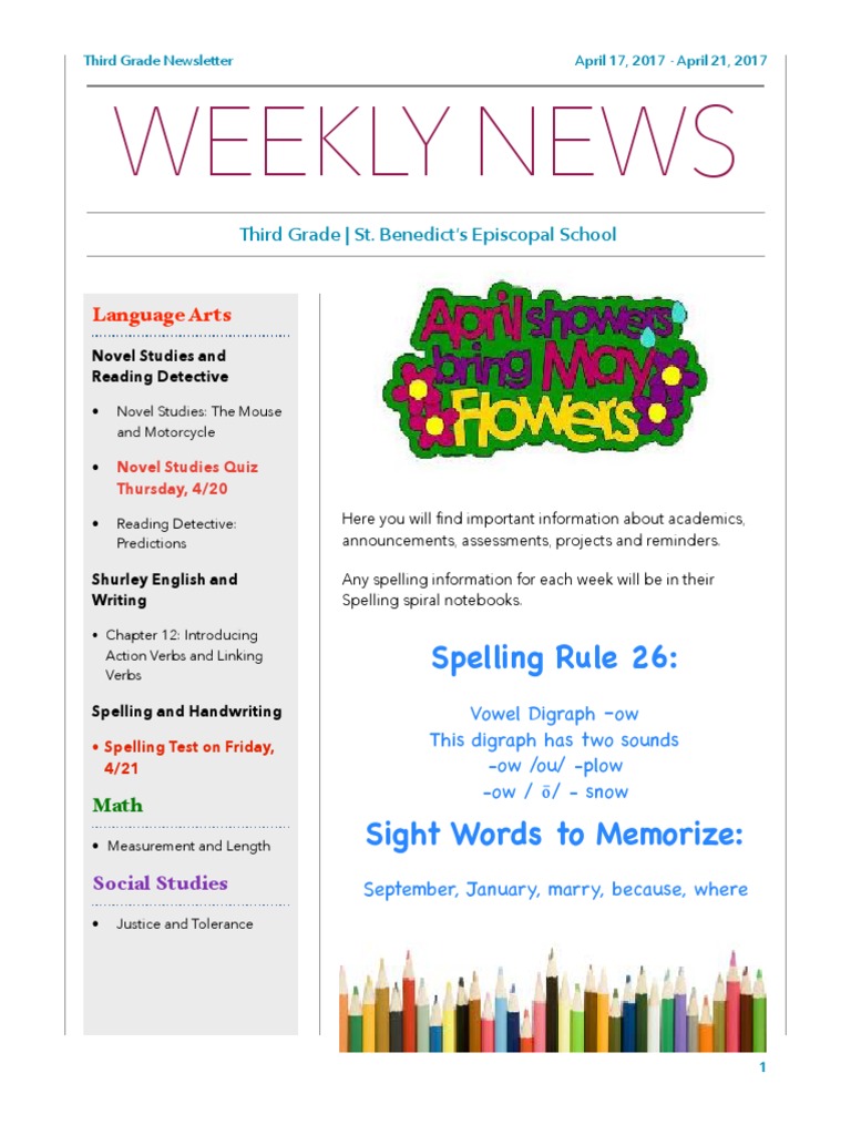 Weekly Newsletter - Apr 17 - Apr 21 | PDF | Homework | Linguistics